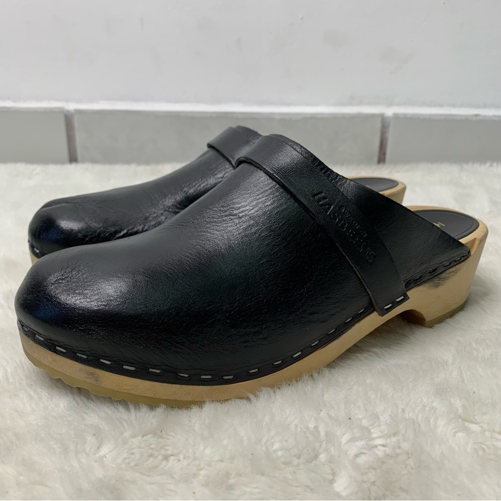 Swedish Hasbeens Women’s Black Leather Slip On Wooden… - Gem